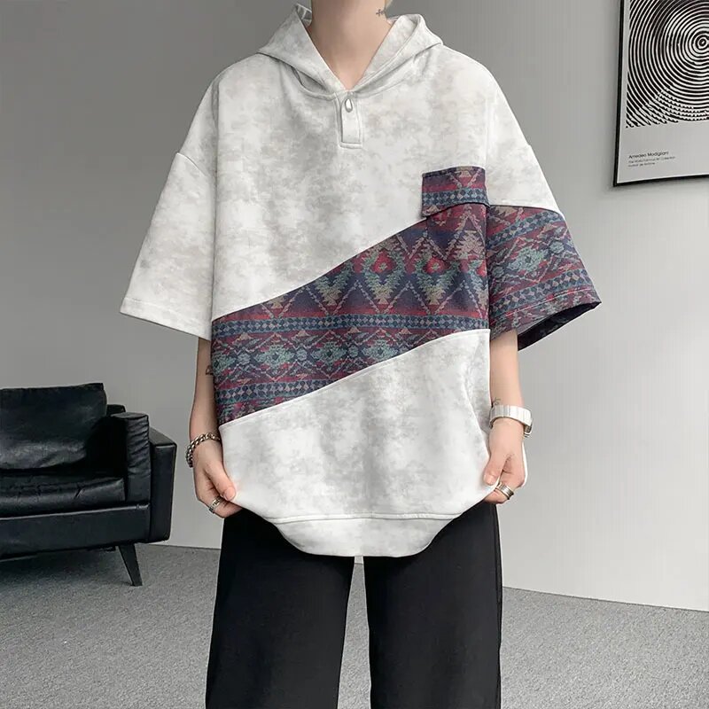 Мужская толстовка оверсайз в стиле ретро с этническим узором тай-дай, хип-хоп, с L, Белый, белый