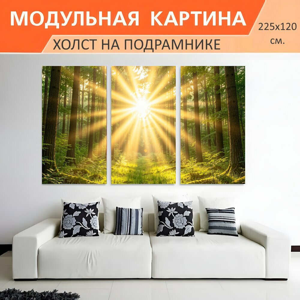 Модульная картина на холсте "Солнечный лес с лучами света. Зелёный сосновый бор с высокими стволами, мягкий утренний туман и яркие." триптих на подрамнике 225х120 см. для интерьера