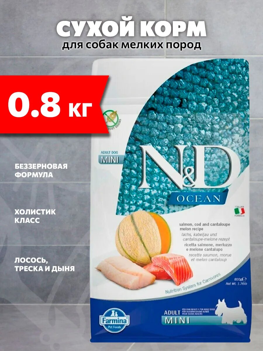 Корм сухой Farmina Dog N&D Ocean Adult Mini Salmon, Cod & Cantaloupe Melon беззерновой для взрослых собак мелких пород, лосось, треска, дыня, 0,8 кг