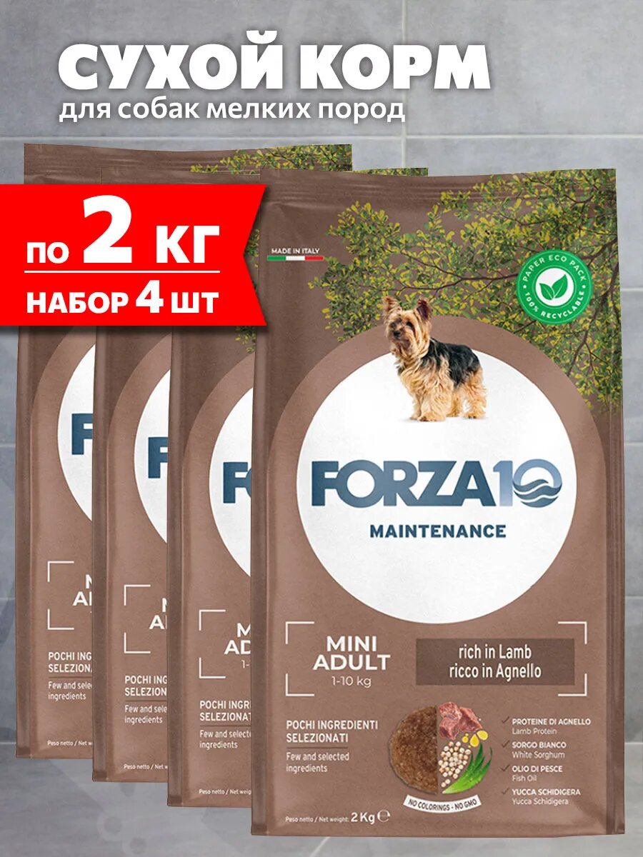 Корм сухой Forza10 Dog Maintenance Adult Mini для взрослых собак маленьких пород с ягненком и рисом, 2 кг х 4 шт