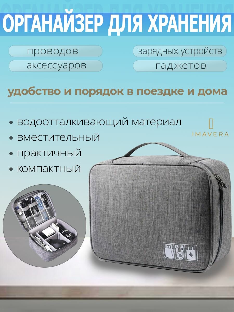 Органайзер для проводов и зарядных устройств, сумка дорожная серая