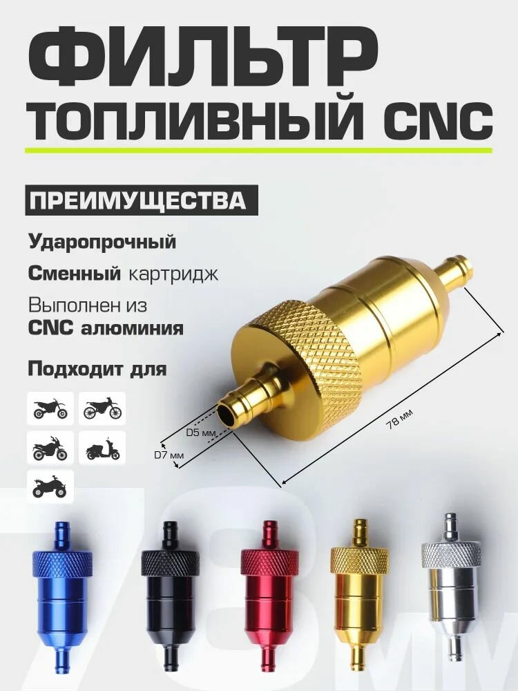 Топливный фильтр CNC Gold бензиновый для питбайка/мото/скутера/квадроцикла — алюмин. корпус, под шланг 4/5/6 мм