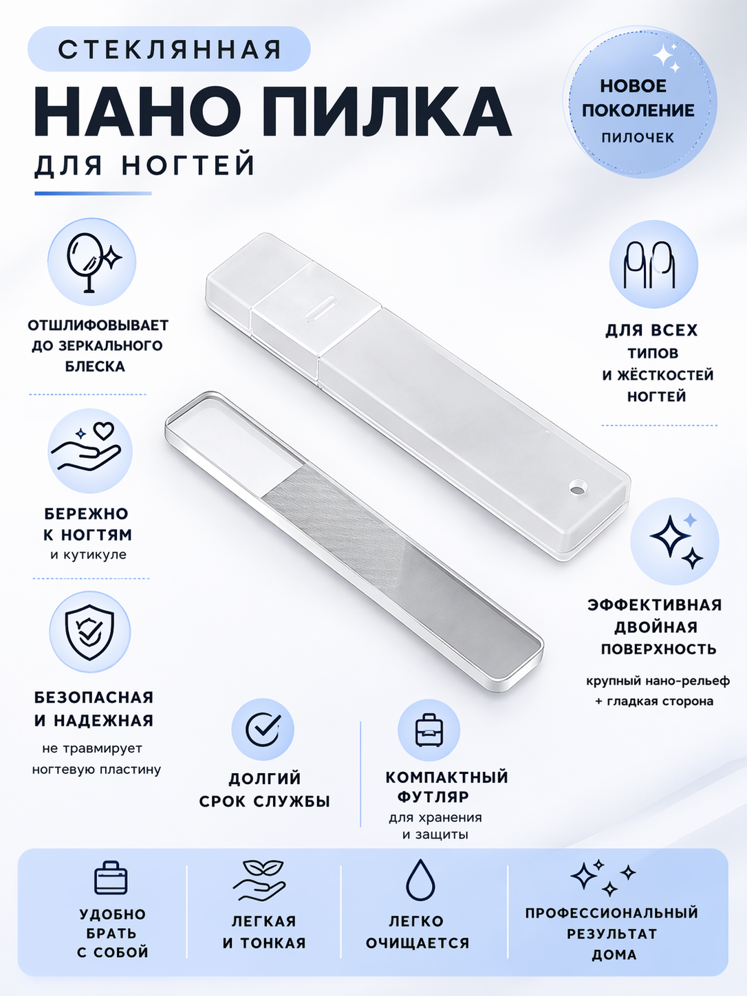 Пилка для ногтей, Пилочка для полировки ногтей стеклянная, Нано стекло
