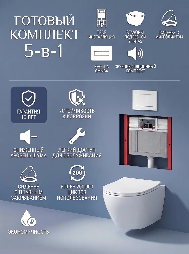 Комплект 5 в 1 Унитаз подвесной STWORKI Кронборг S28401WH, безободковый, с микролифтом, белый / Инсталляция с кнопкой TECE Base 9400413 цвет белый / Комплект шумоизоляции