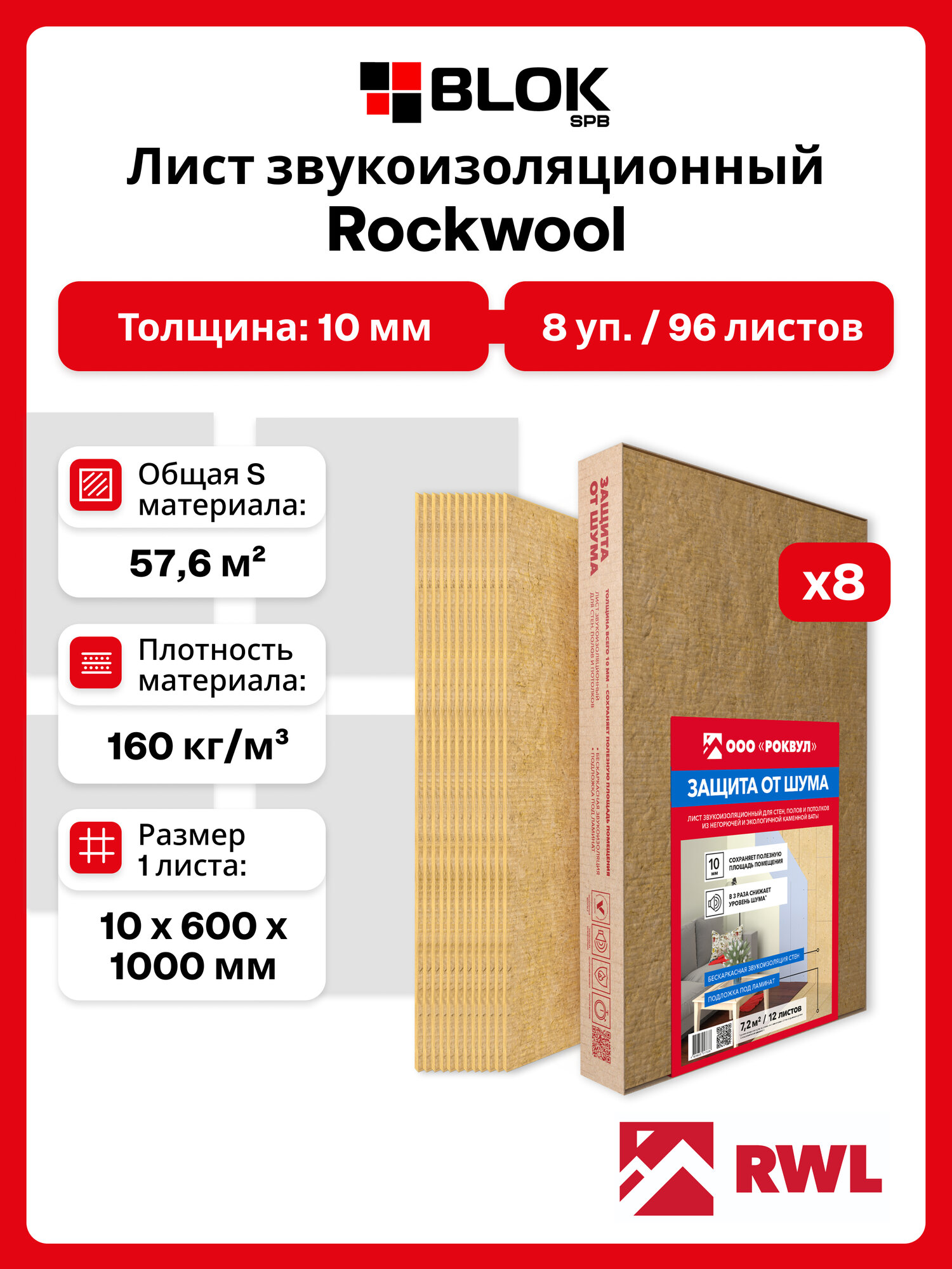 Шумоизоляция ROCKWOOL лист звукоизоляционный 10 мм (8 уп/ 57,6м2 / 96шт) для стены, пола, потолка, подложка под ламинат