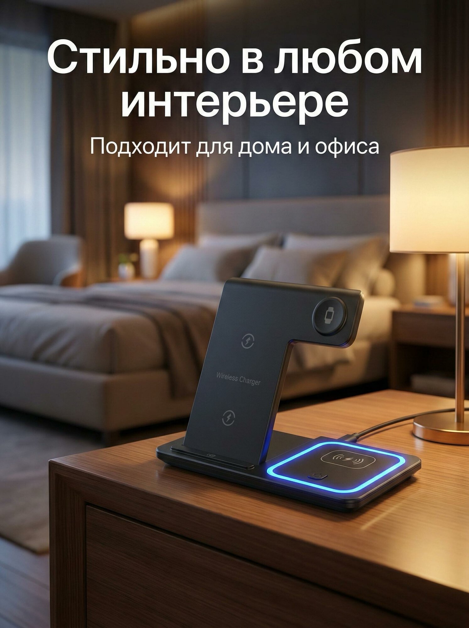 Беспроводная зарядка "iPhone 3 в 1", для 4 устройств, 15Вт, USB Type-C，черный