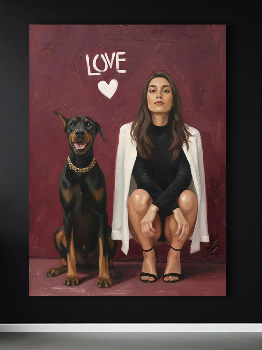 Картина Девушка в чёрном с доберманом на бордовом фоне — LOVE, 30х40 см.
