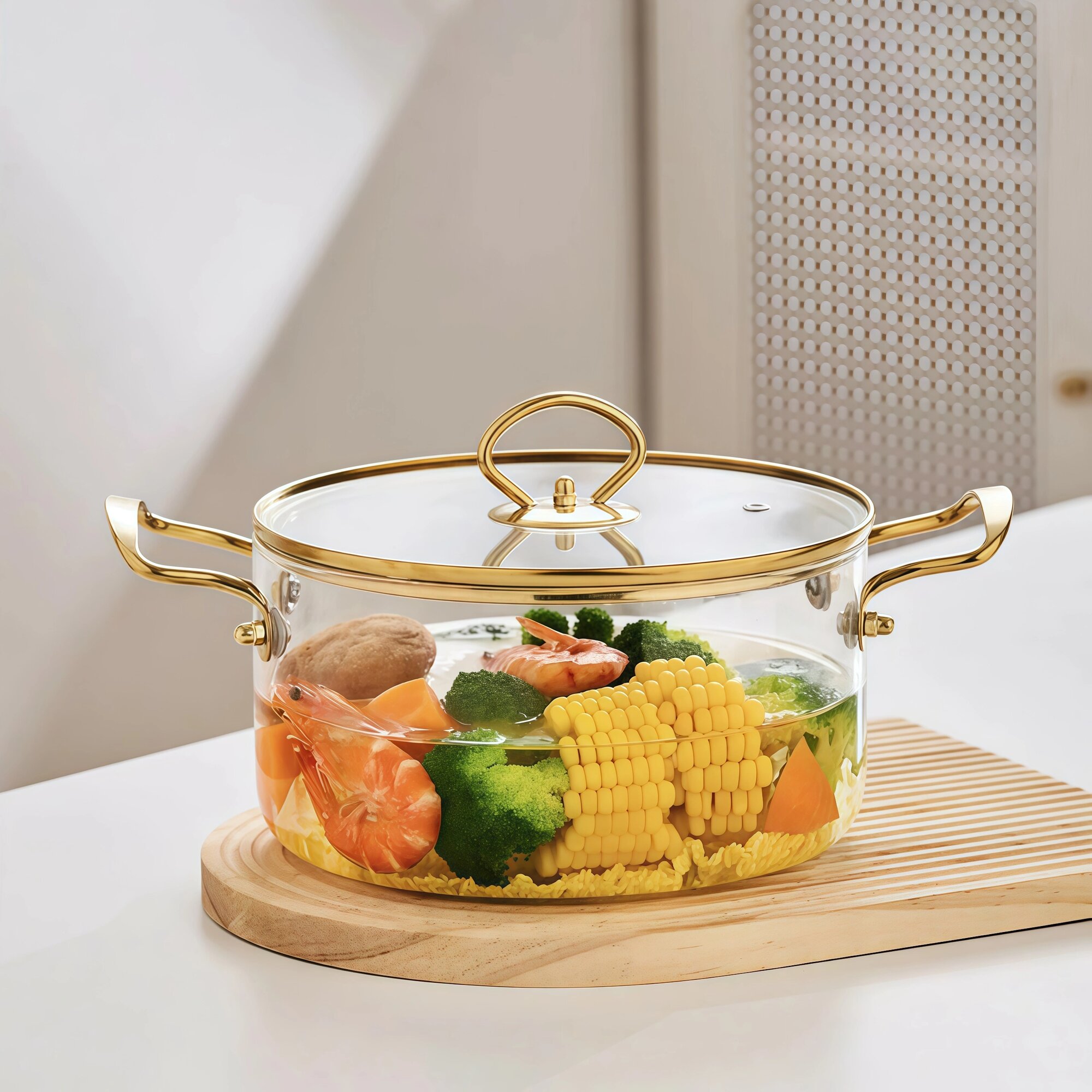 Кастрюля из боросиликатного стекла 2.5л с золотыми ручками и крышкой, для газовой плиты, микроволновки, духовки