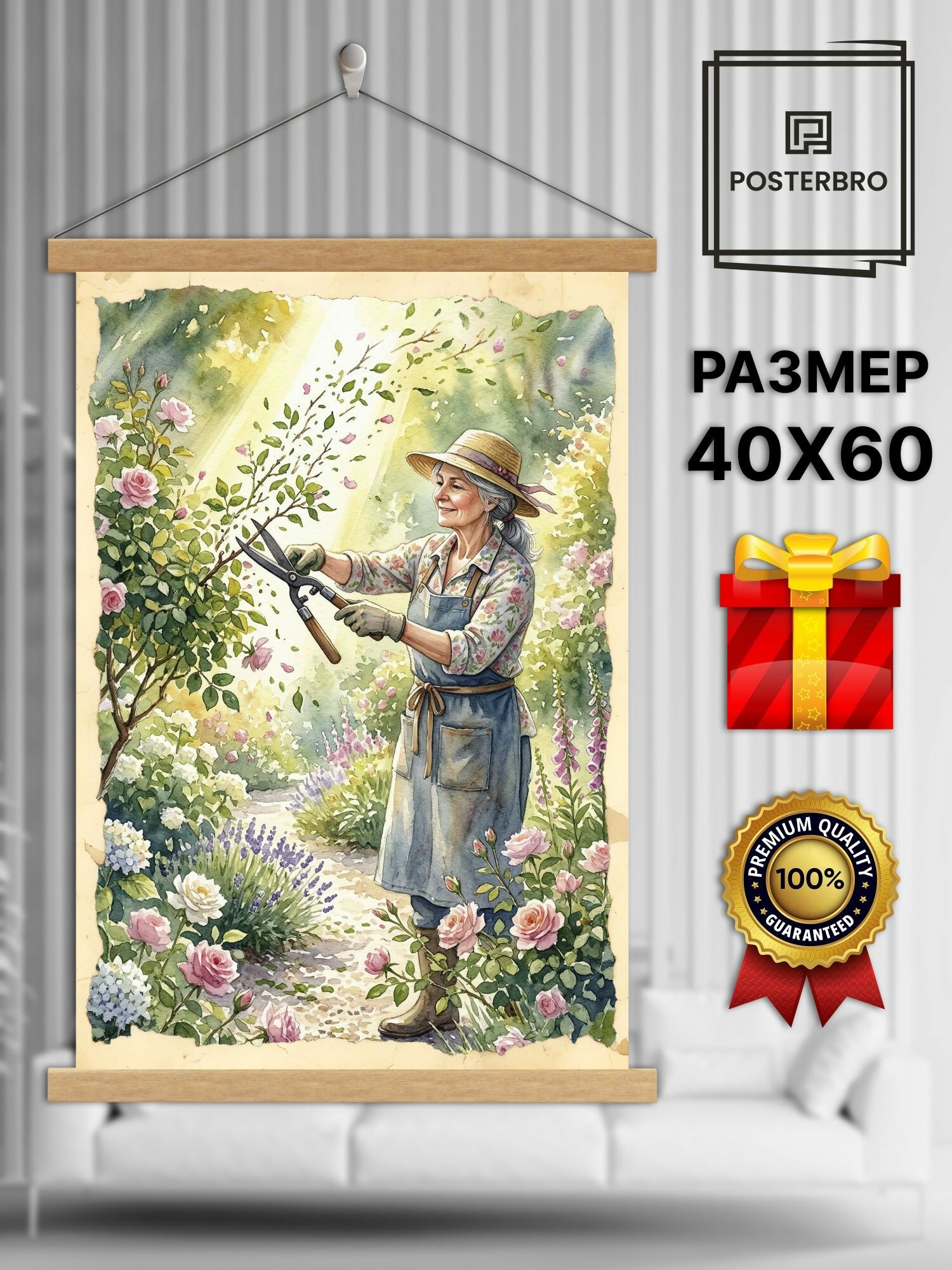 Постер на стену Posterbro в рамке 40х60 "Бабушка садовник" интерьерный