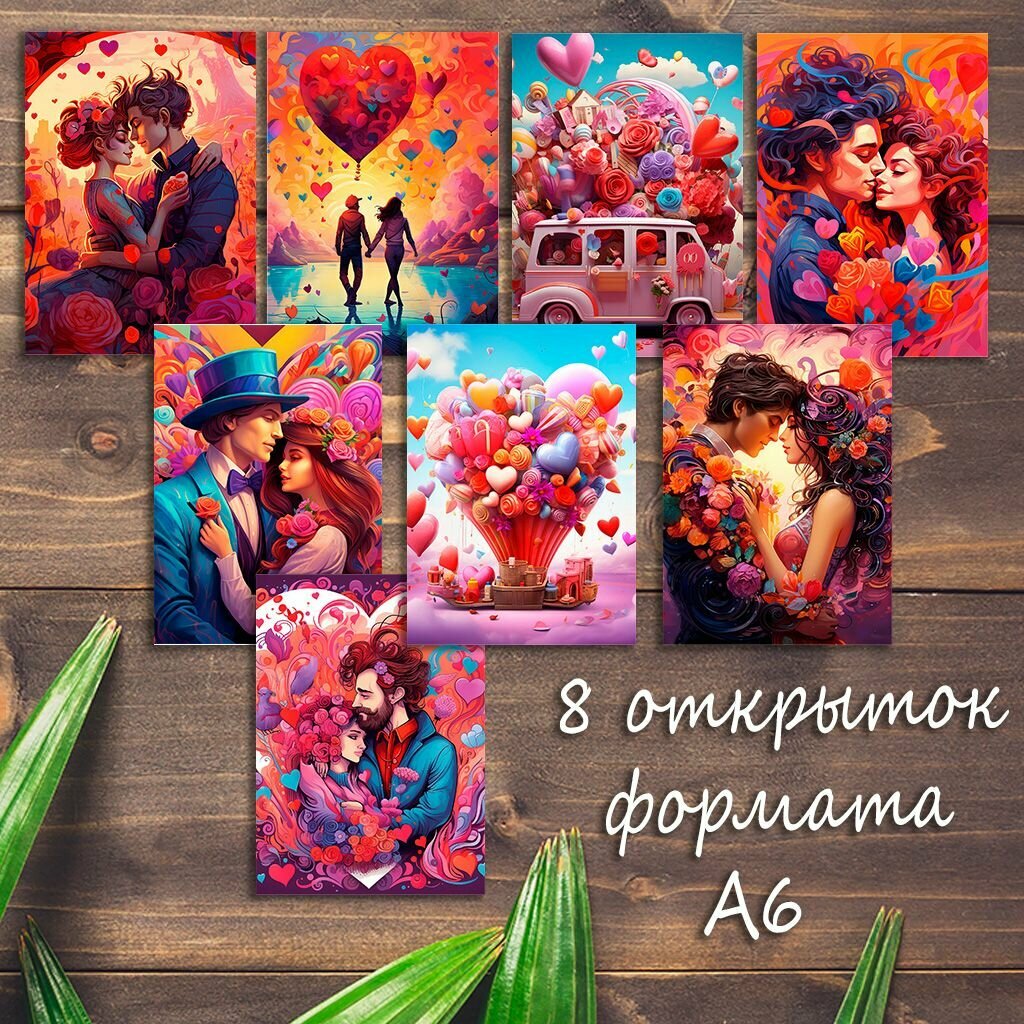 Большой набор открыток Влюбленные, 8 штук