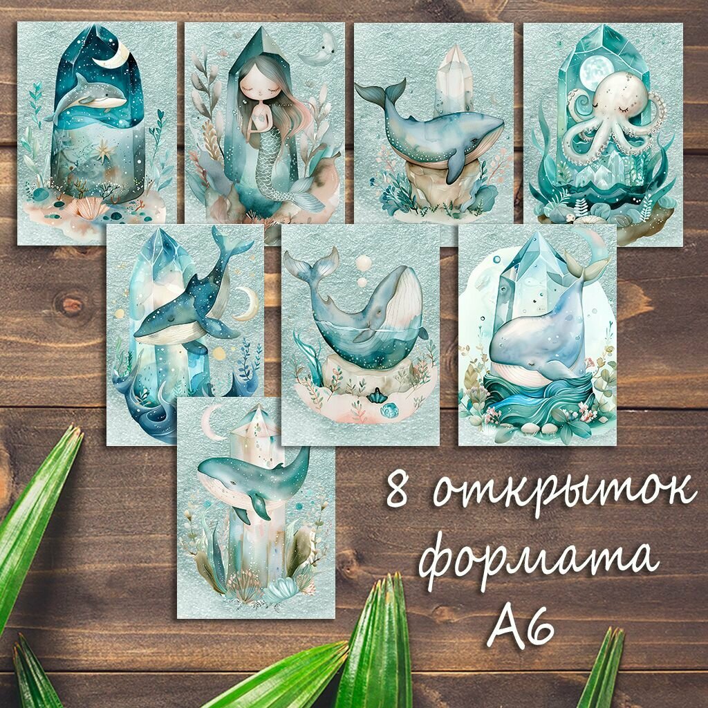 Большой набор открыток Кит, 8 штук