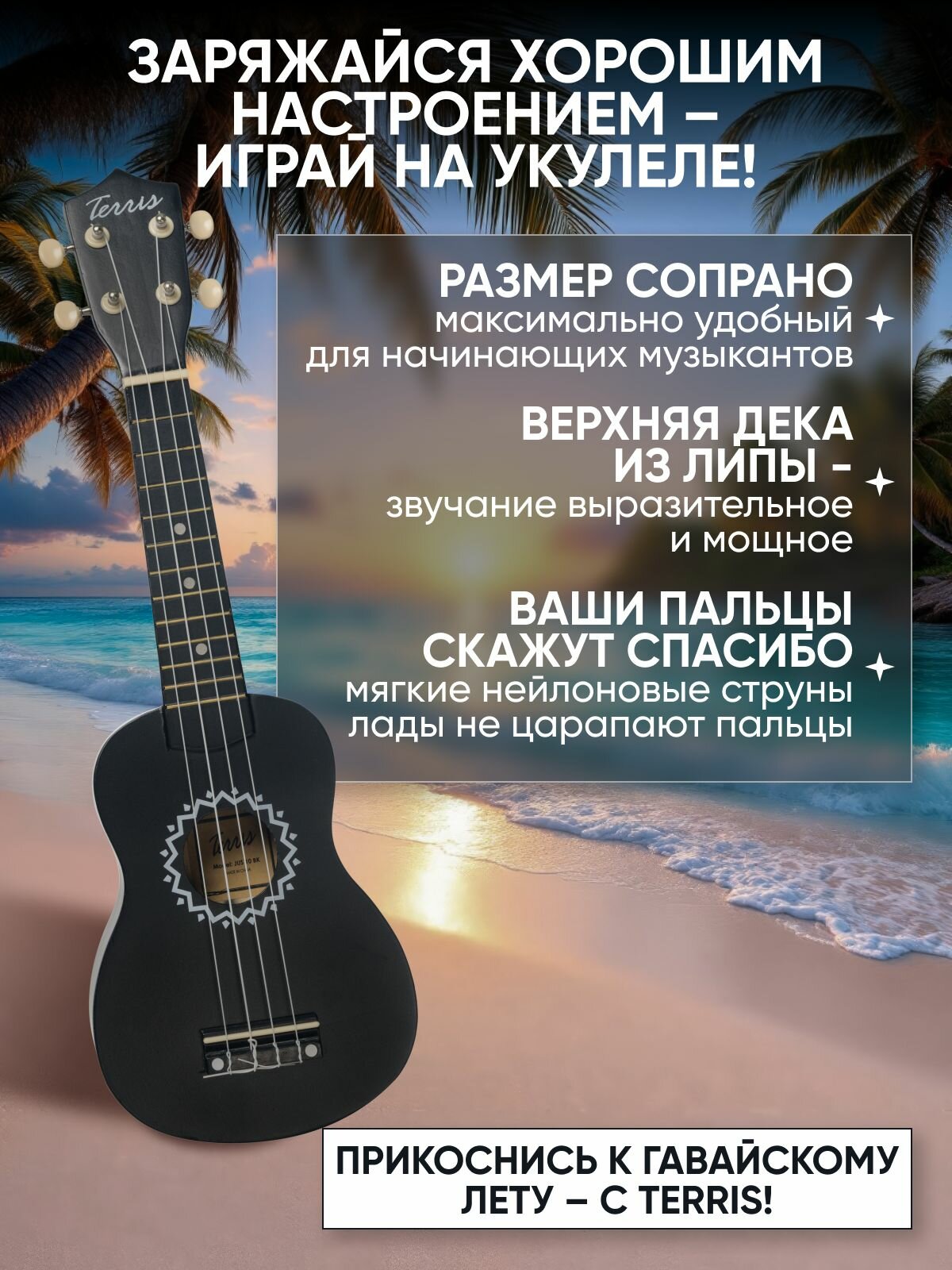 Укулеле сопрано TERRIS JUS-10 BK: черное, липа/пластик, для начинающих — фото 1