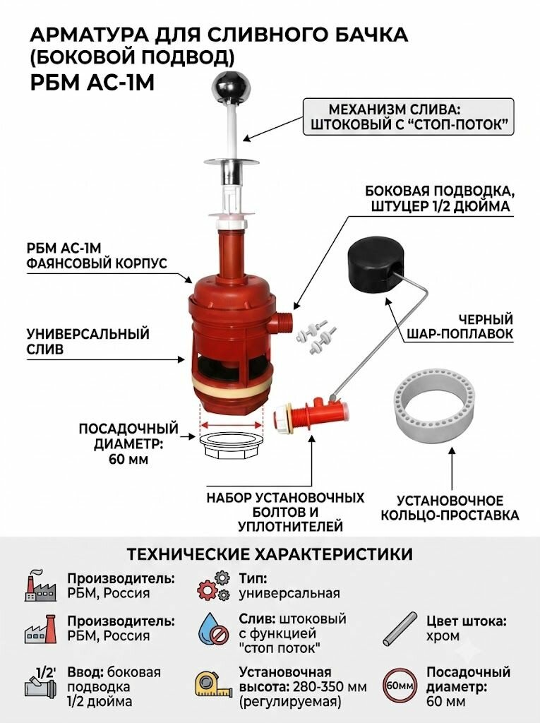 Арматура для сливного бачка боковой подвод РБМ АС-1М