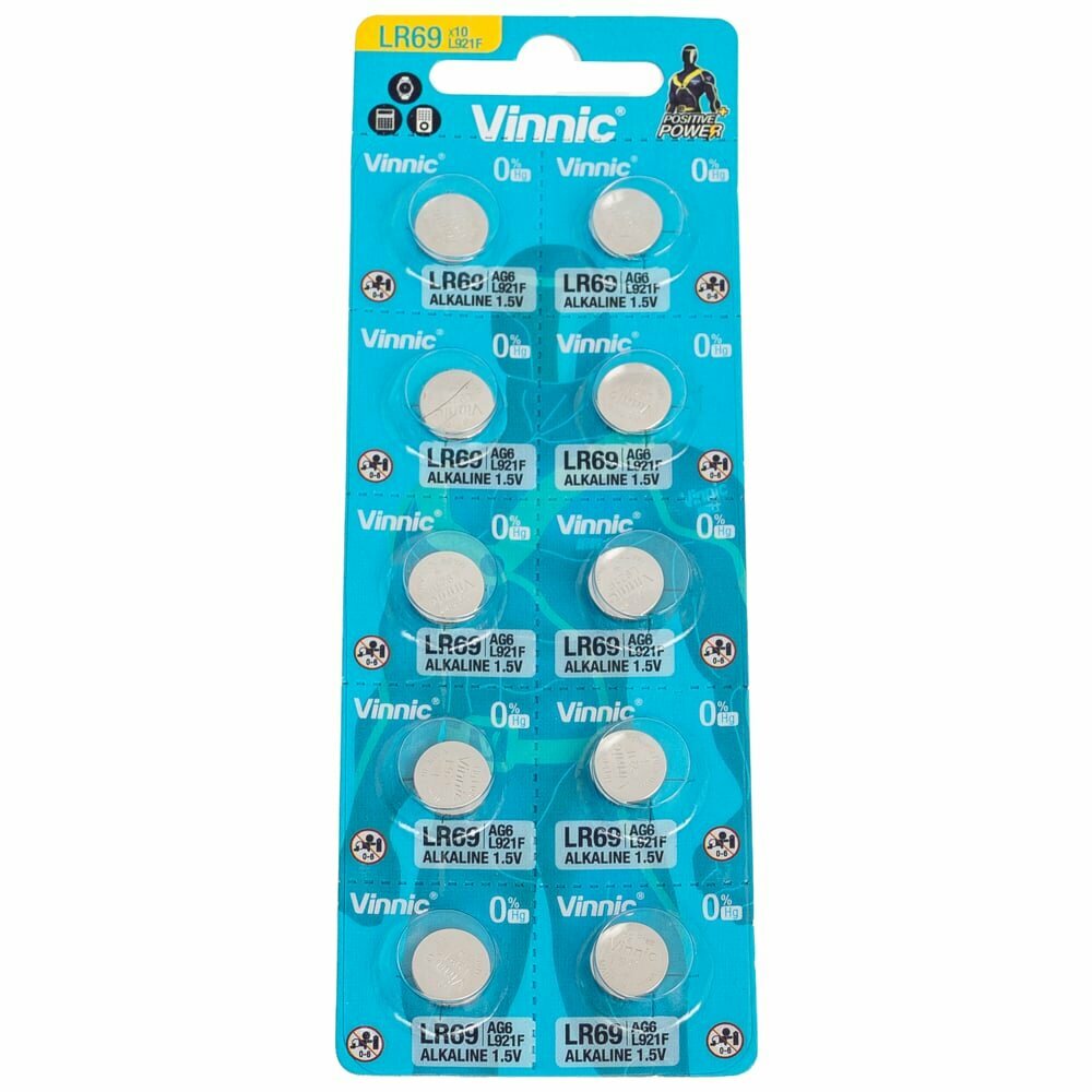 Алкалиновые щелочные батарейки VINNIC L921 (AG6, LR69, 371) бл/10 4898338007817