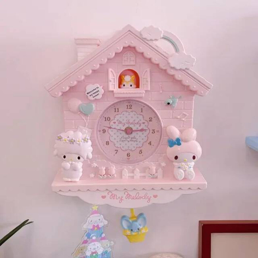 Настенные часы Sanrio Cute My Melody Pink для спальни, декор в виде помпонов Cinnamoroll Pom Pom Purin, часы Hello Kitty Kawaii, подвесной светильник для комнаты.
