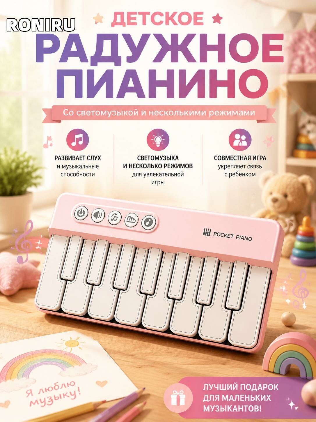 Детское радужное электронное пианино, портативная клавиатура со светомузыкой и несколькими режимами для развития слуха и совместной игры