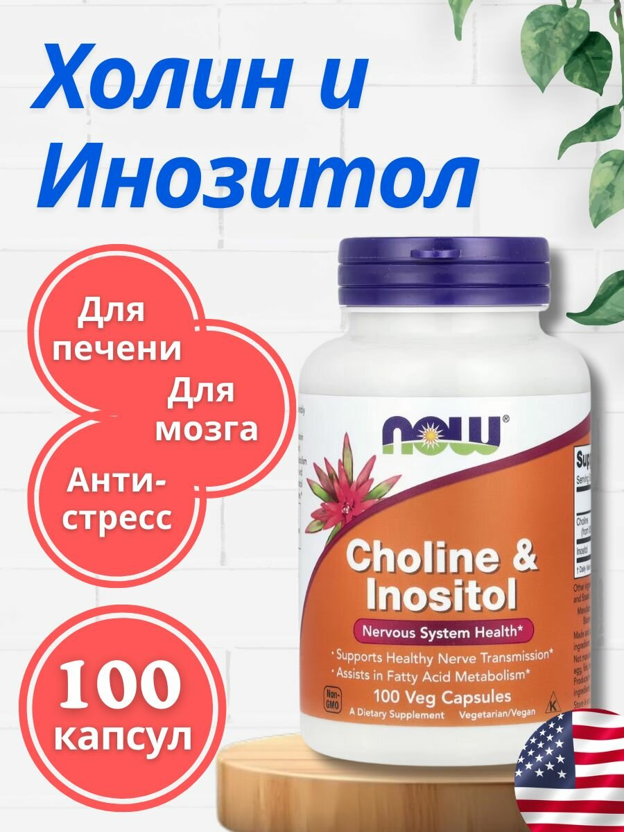 Холин и Инозитол NOW 100 капсул / Choline & Inositol / Холин 250 мг, Инозитол 250 мг капсулы 250 мг по 250 мг