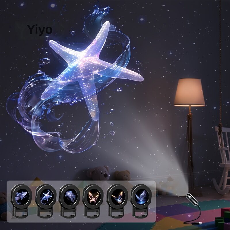 Портативный мини USB LED ночник-проектор с 6 узорами (морские мотивы, кристальные бабочки) для стен, потолка и пола