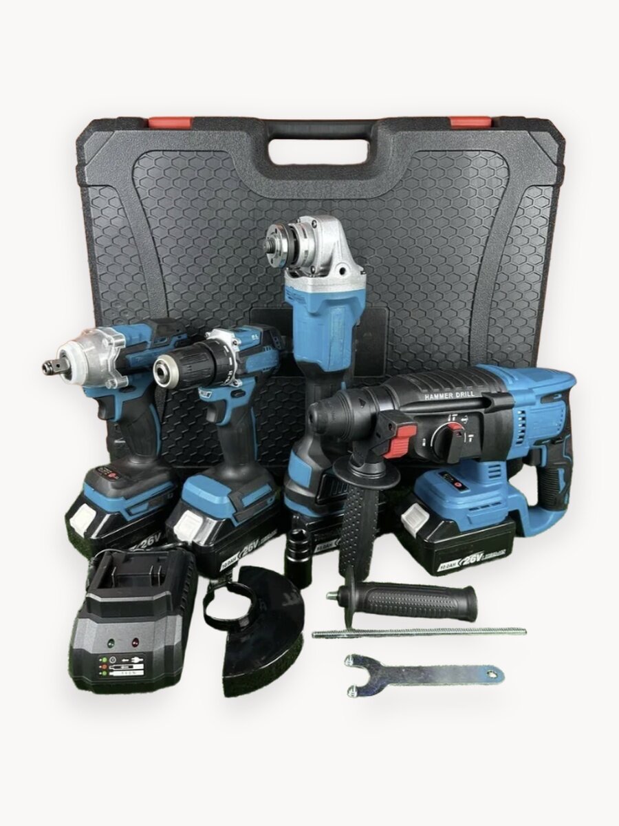 Набор электроинструментов аккумуляторных 4в1 26V УШМ болгарка, гайковерт, перфоратор, дрель шуруповерт