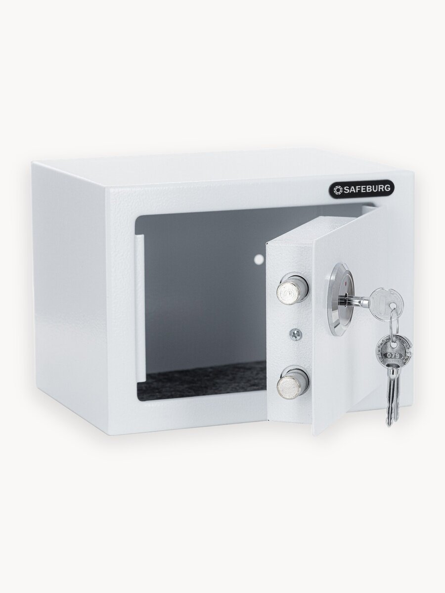 Сейф для денег и документов SAFEBURG SB-170K, 17х23х17 см, ключевой замок, домашний мини сейф, белый, сейф с креплением