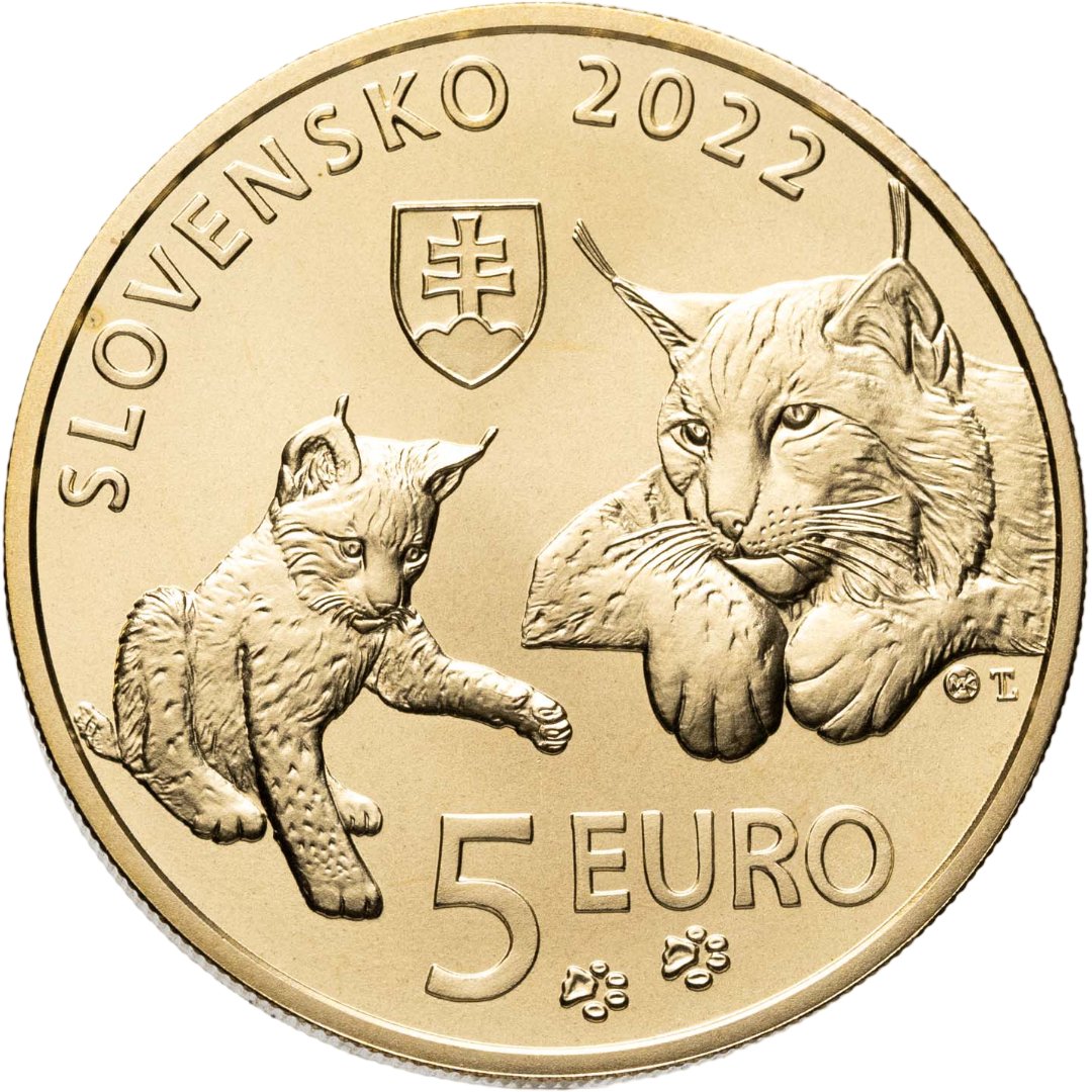 Словакия 5 евро 2022 "Флора и фауна Словакии -Евразийская рысь", Латунь, в сохранности UNC