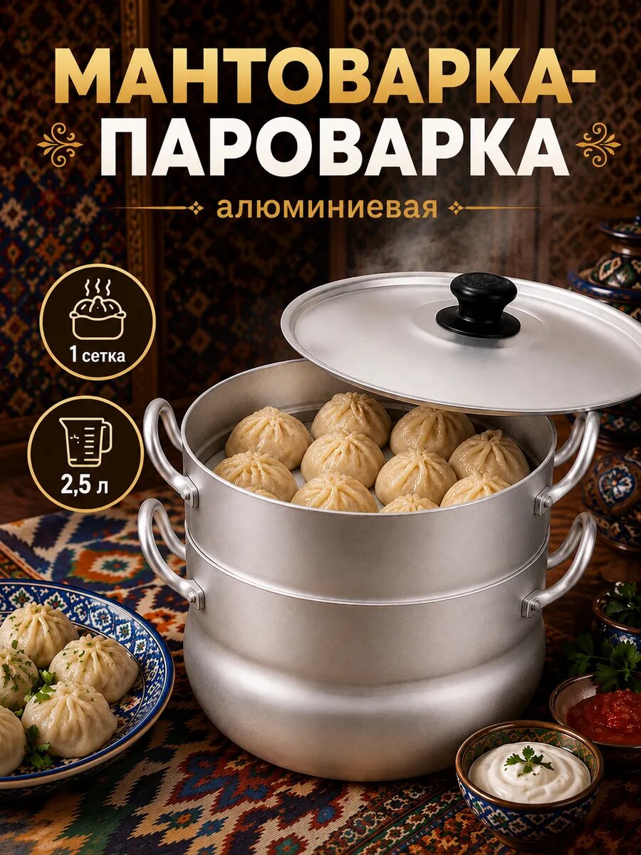 Кастрюля-пароварка, 2.5 л, металлическая крышка, цвет хромированный