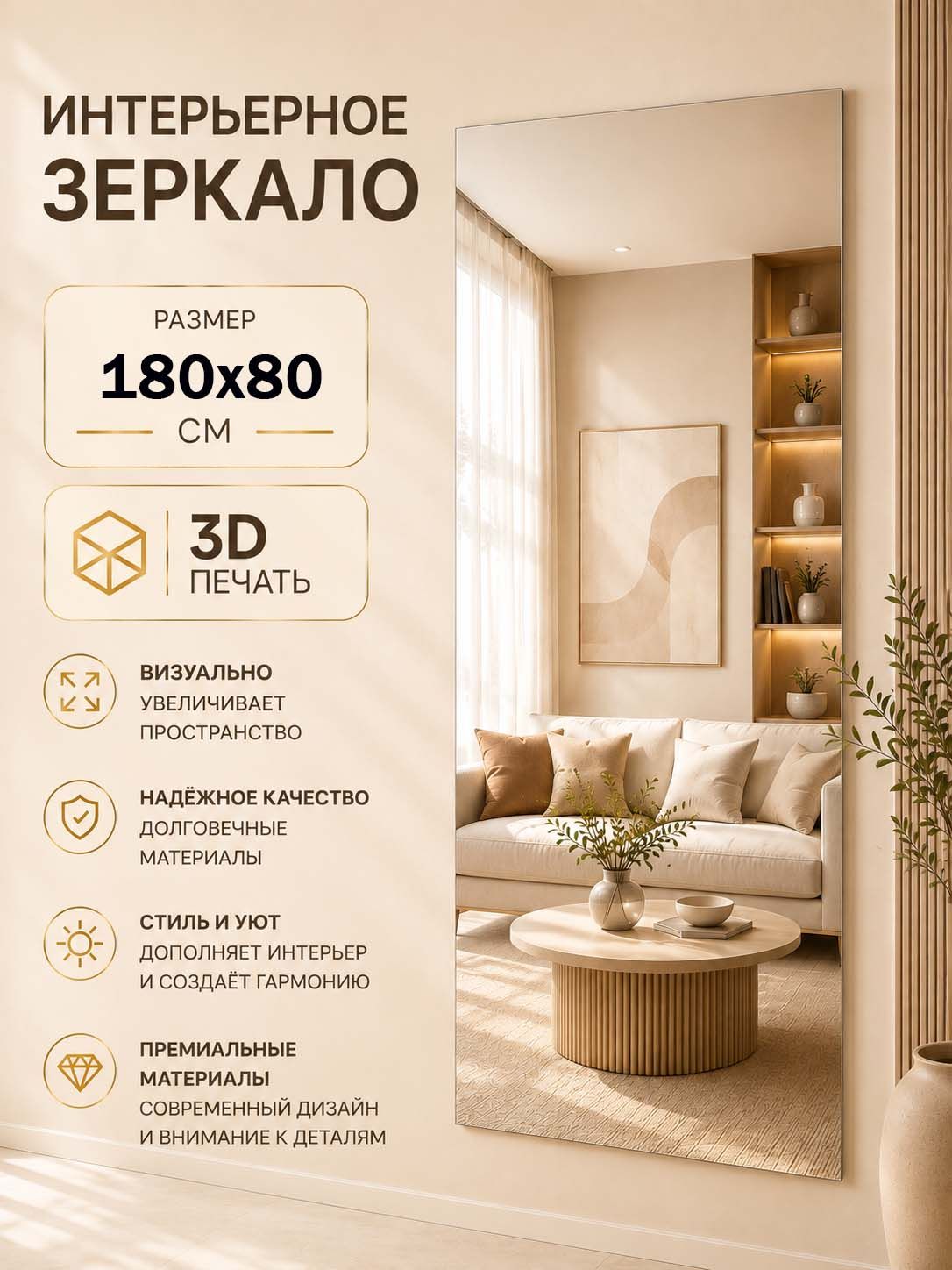 Зеркало настенное без подсветки без окантовки 180х70