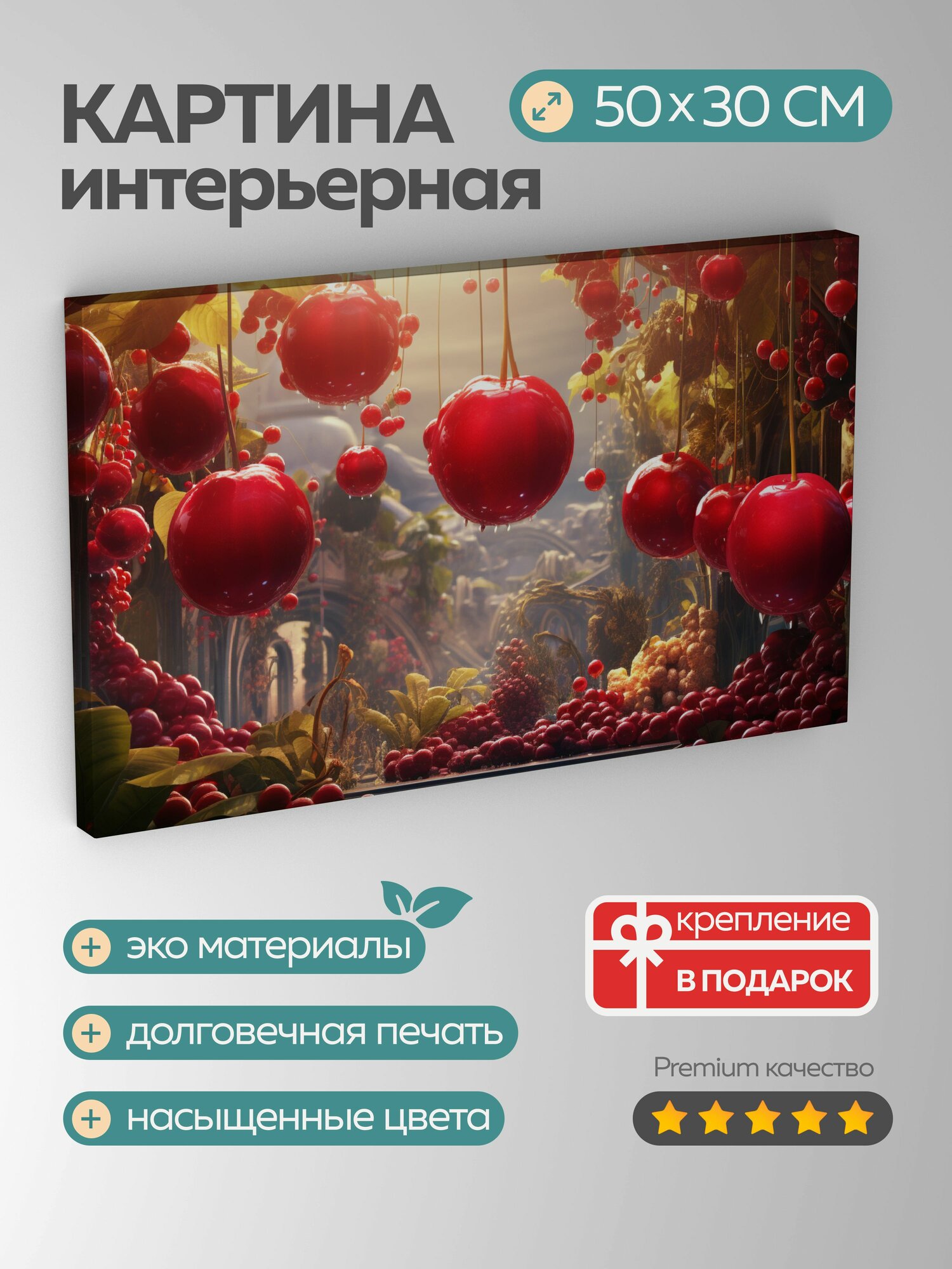 Картина на холсте интерьерная 50х30 см, Вишня, сюрреализм, сад, плоды, цветы, фантазия, реальность, сказочная атмосфера