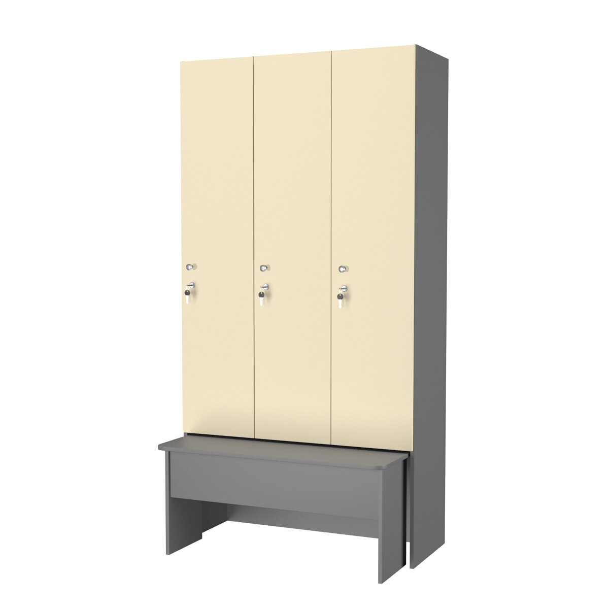 Шкаф для раздевалок с задвижной скамейкой комбо-соло №3-2, Темно-серый + Крем Вайс