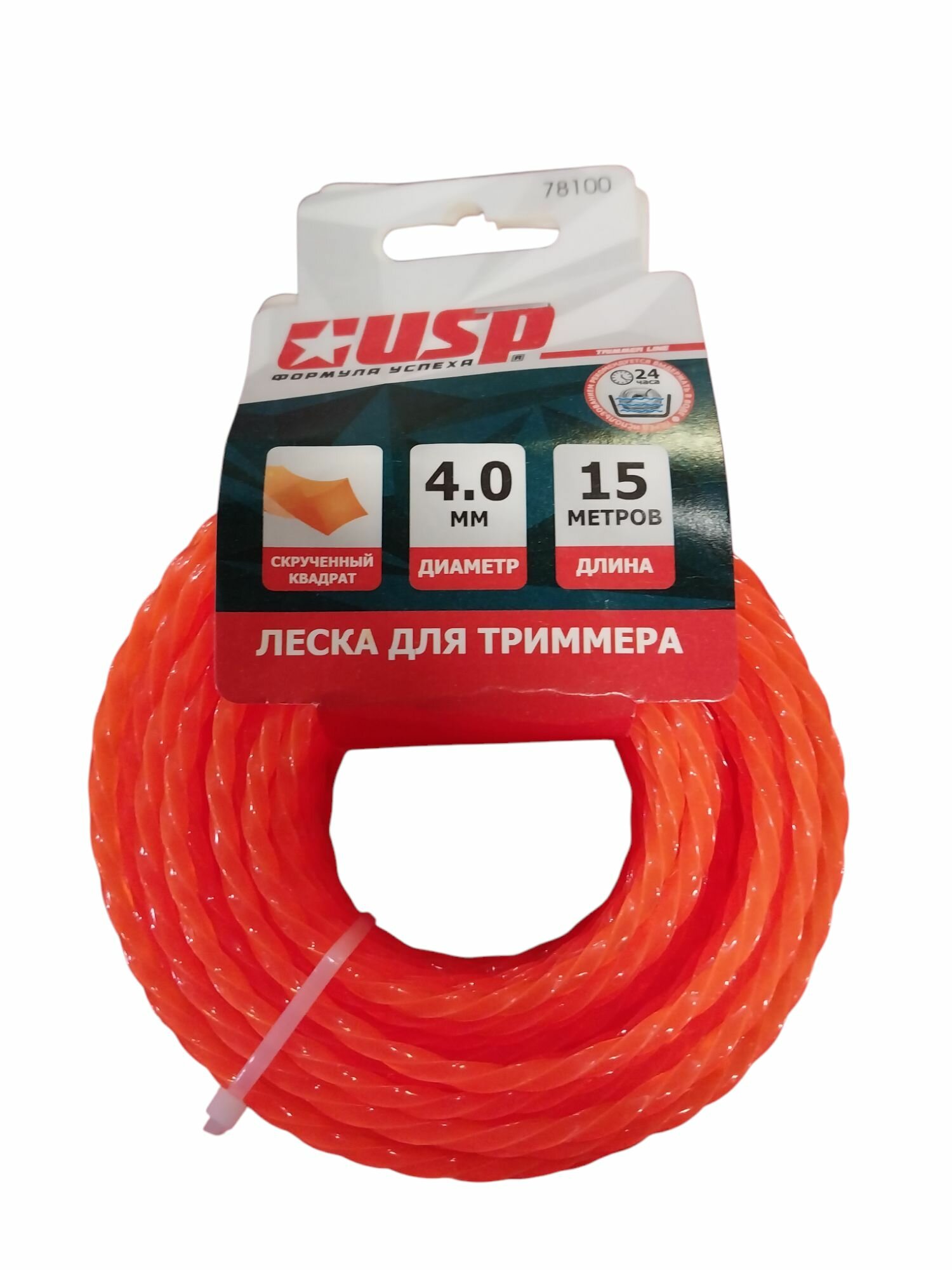 Леска для триммера, длина 15 м, профиль - скрученный квадрат, диаметр 4.0 мм