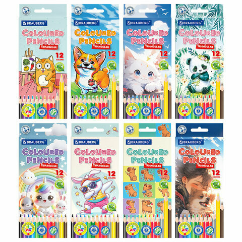 Карандаши цветные "ассорти 8 дизайнов 3+ лет", 12 цветов, трехгранные, BRAUBERG, 182055