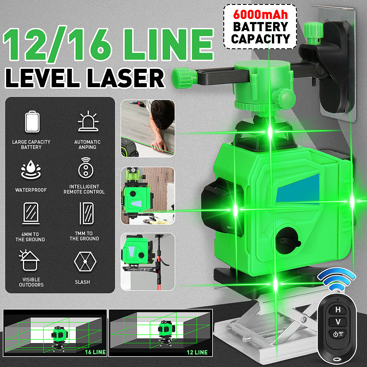 12/16-линейный 4D-лазерный уровень с зеленым светом, цифровой самонивелирующийся, вращающийся на 360°, измерительный прибор - EU 12line