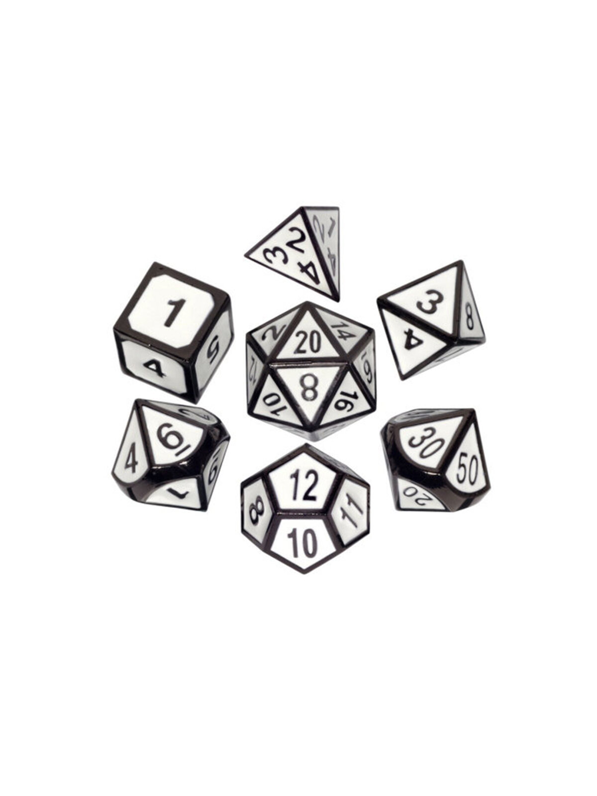 Набор кубиков MTGTRADE дайсы металлические D4, D6, D8, D10-2, D12, D20, черный с белой заливкой