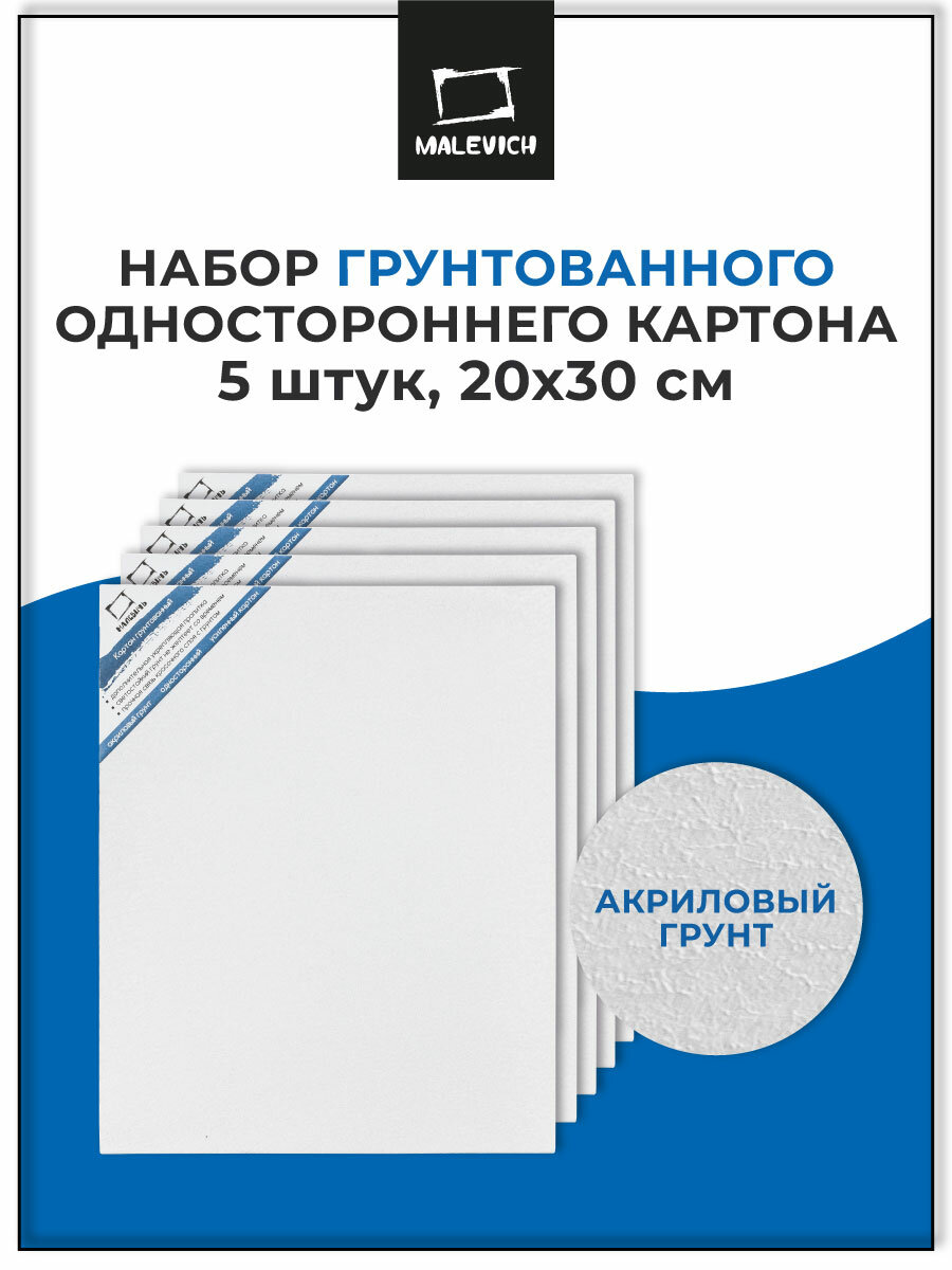 Набор картон грунтованный односторонний, Малевичъ, 20х30 см, 5 шт