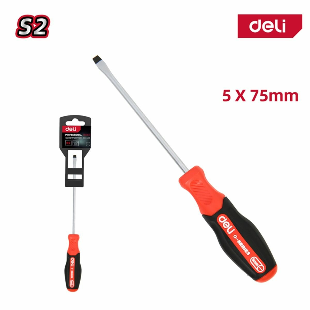 Шлицевая отвертка SL5x75мм Deli DL3443 сталь S2, магнит, прорезиненная рукоятка