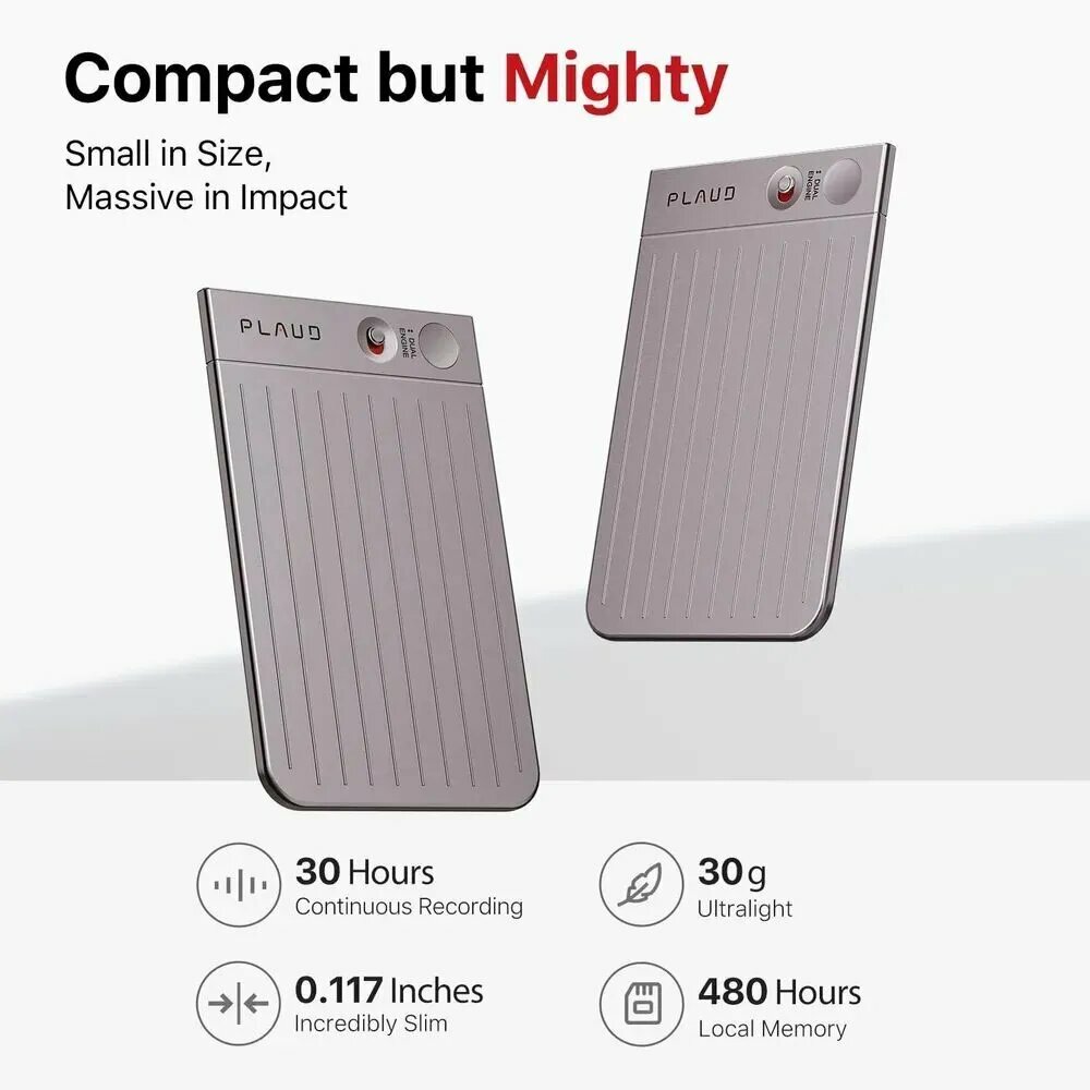 Диктофон AI, диктофон PLAUD Note (с футляром), управление приложениями, транскрипция и обобщение на базе ChatGPT, поддержка 59 языков, 64 ГБ ОЗУ