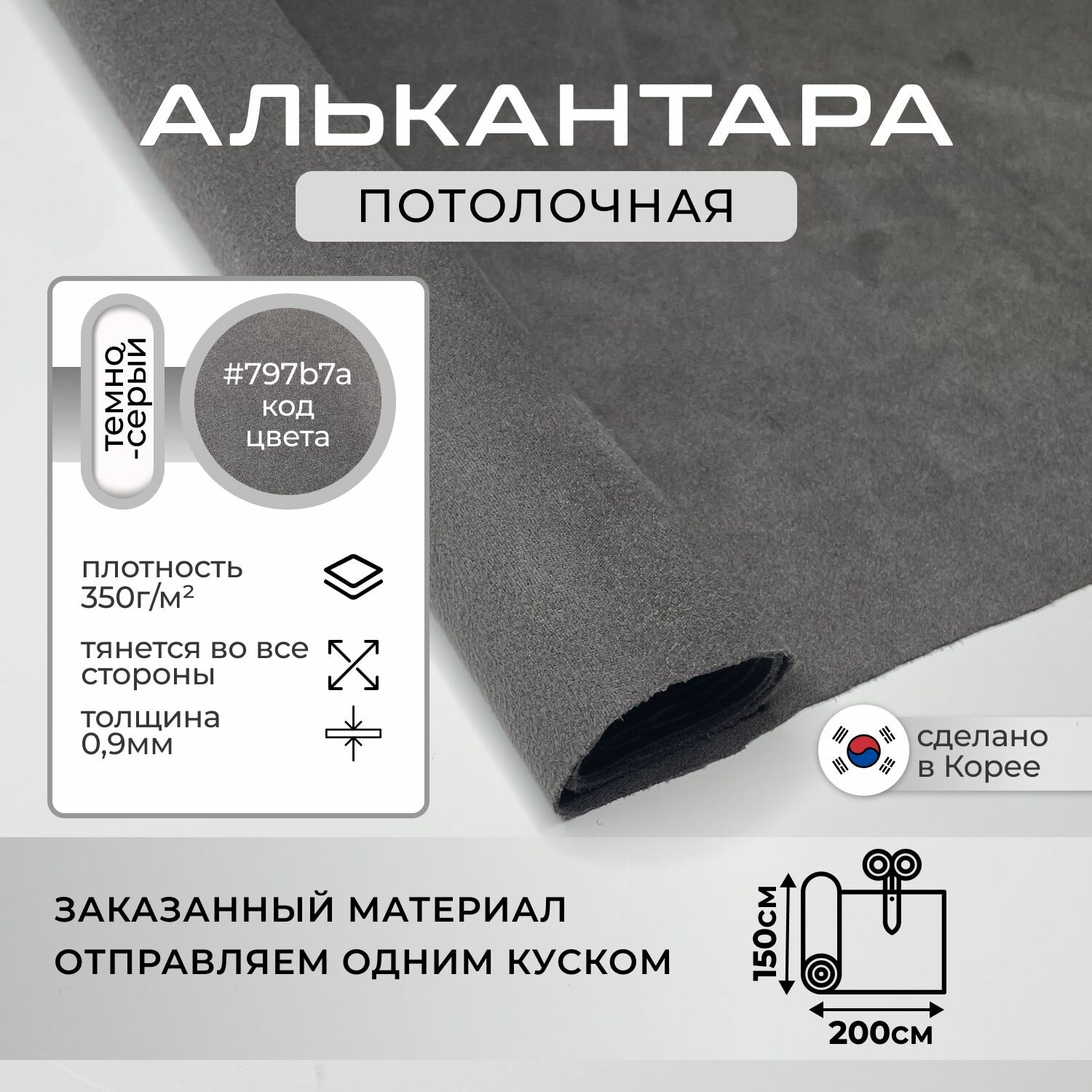 Потолочная ткань для автомобиля Алькантара - темно-серая - толщина 0.9мм - 2 пог. м - 200х150см - обивочный материал для перетяжки салона