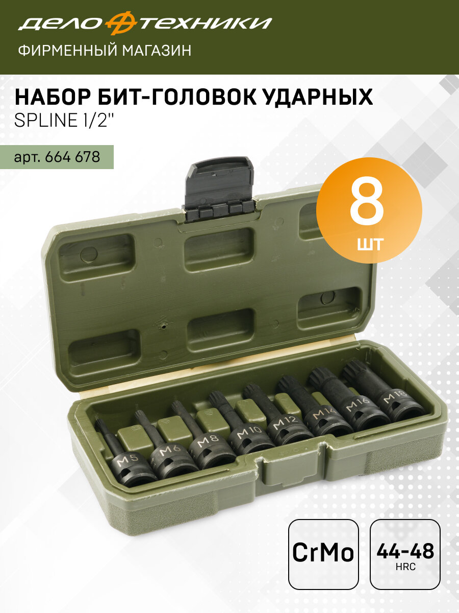 Набор бит-головок ударных 1/2" Spline, 8шт, Дело Техники, 664678