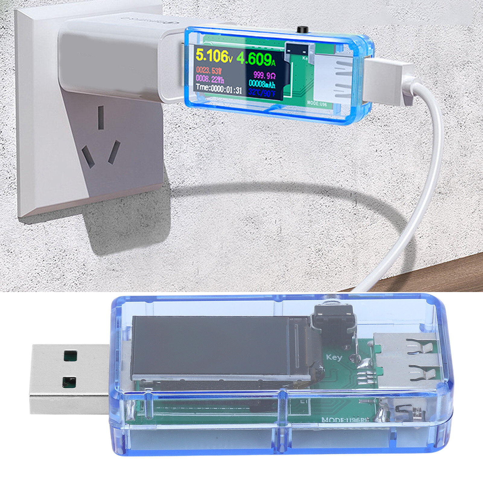 U96 USB-тестер, точный многофункциональный тестер напряжения, тока, мощности, температуры, зарядное устройство, прозрачный синий корпус