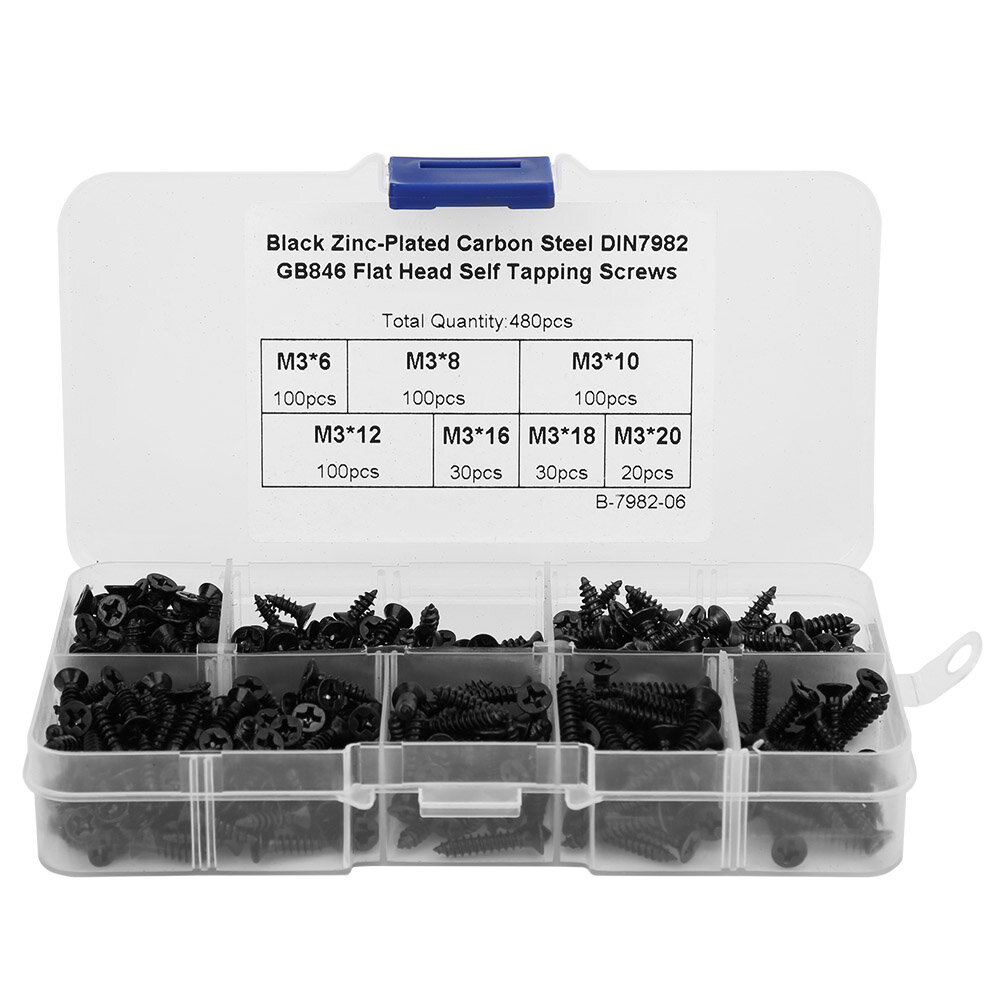 480 шт. самонарезающих винтов M3 с плоской головкой и крестообразным шлицем, крепежные элементы из углеродистой стали, черное никелированное покрытие (черная углеродистая сталь).
