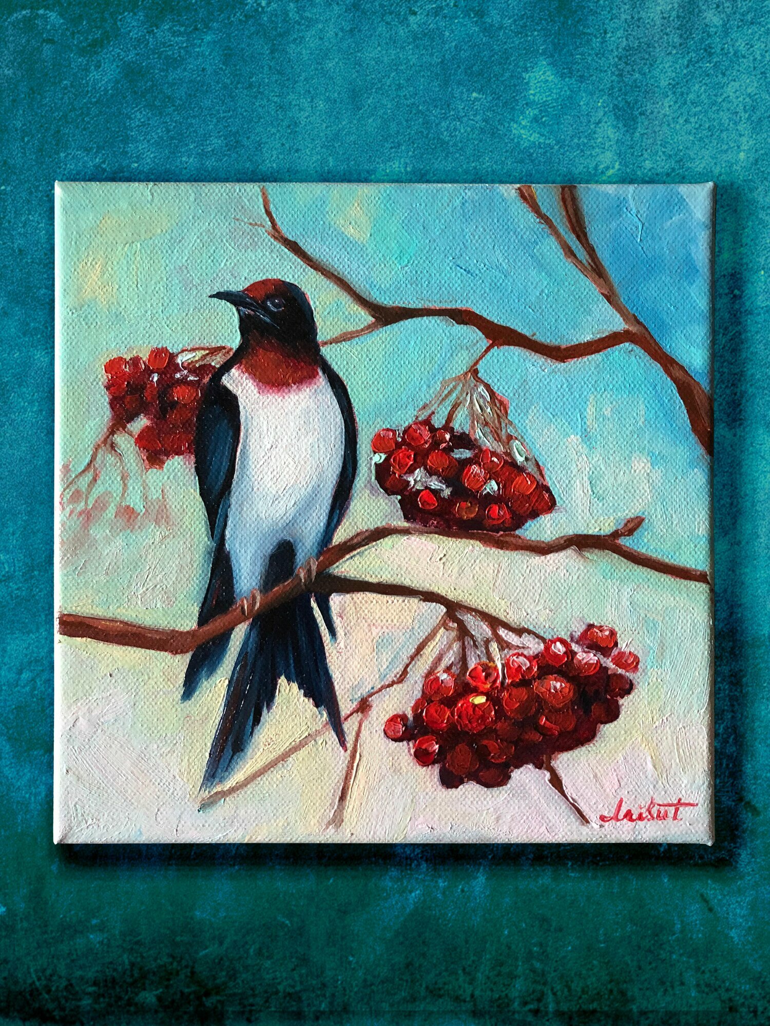 Картина Ирина Бутенко "Ласточка на ветке", масло, холст, на подрамнике