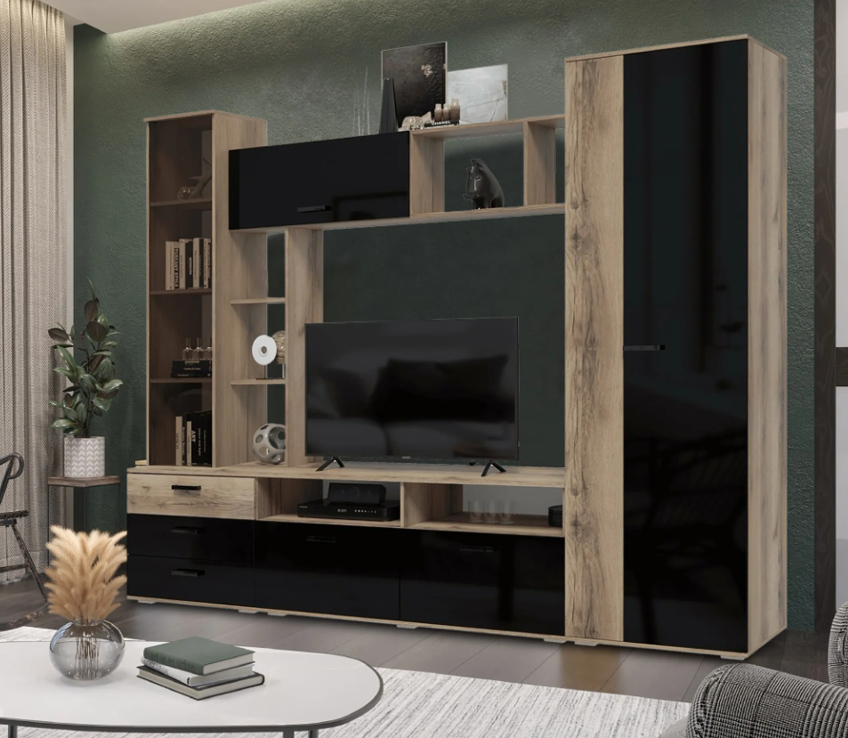 Гостиная, стенка для гостиной Крокус "Эра" Дуб Делано/Черный глянец 270*47*210 см