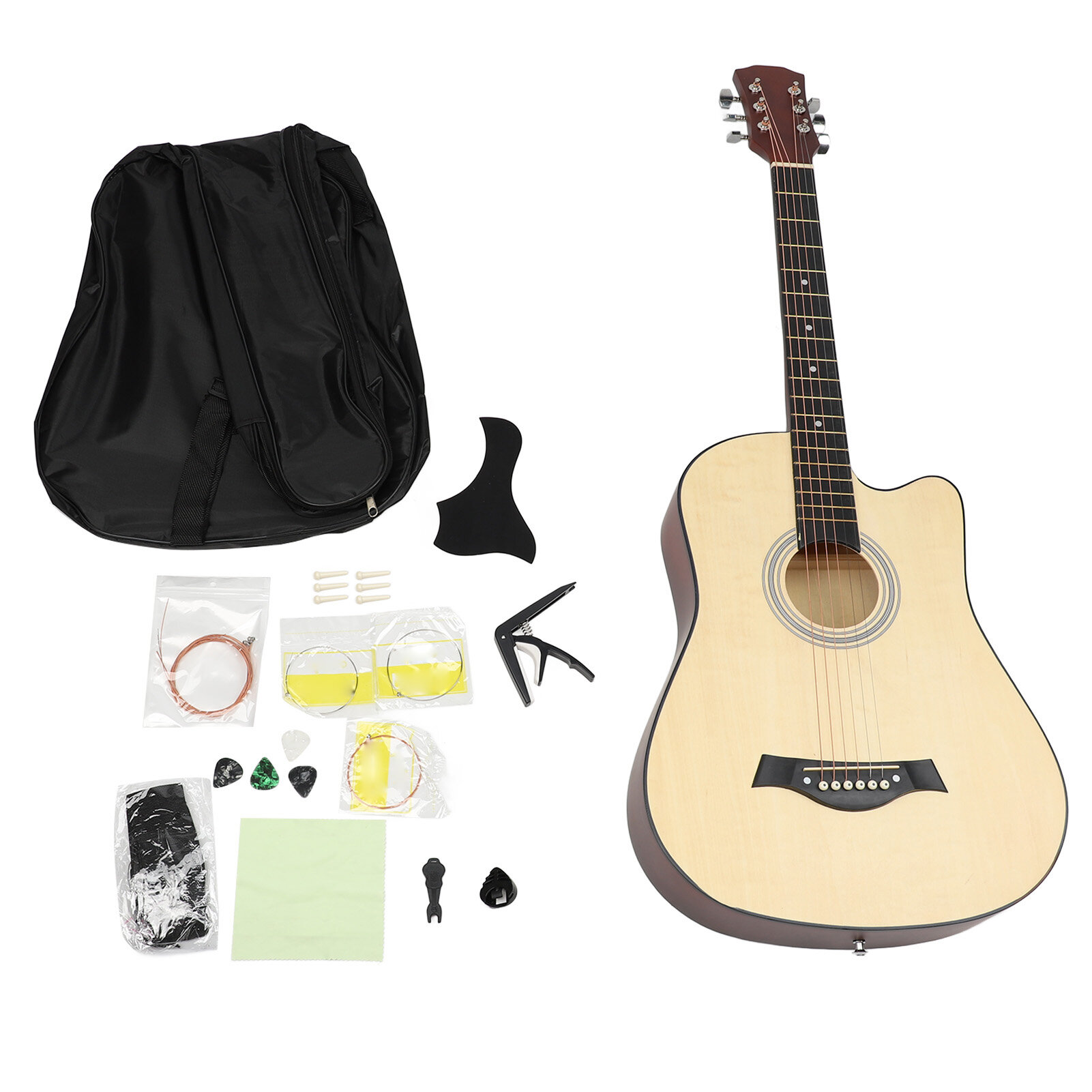 Набор для игры на народной гитаре, 38 дюймов, деревянный, 6 струн, липа, для тренировок, матовый цвет дерева.