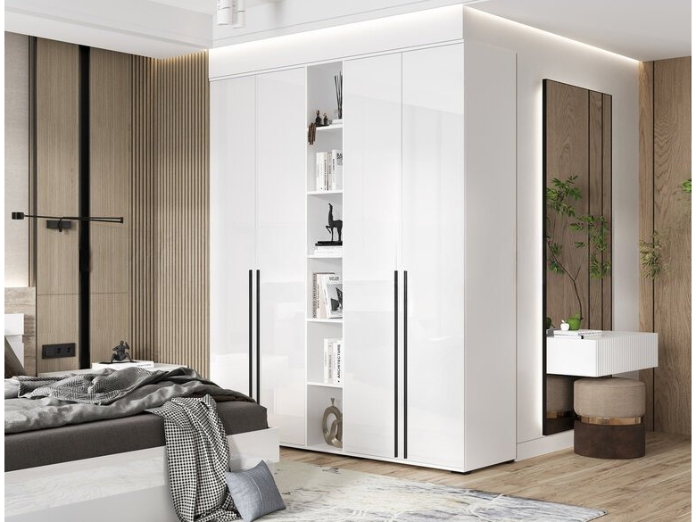 Комплект из двух двухдверных шкафов и открытого пенала, ЛДСП, белый глянец