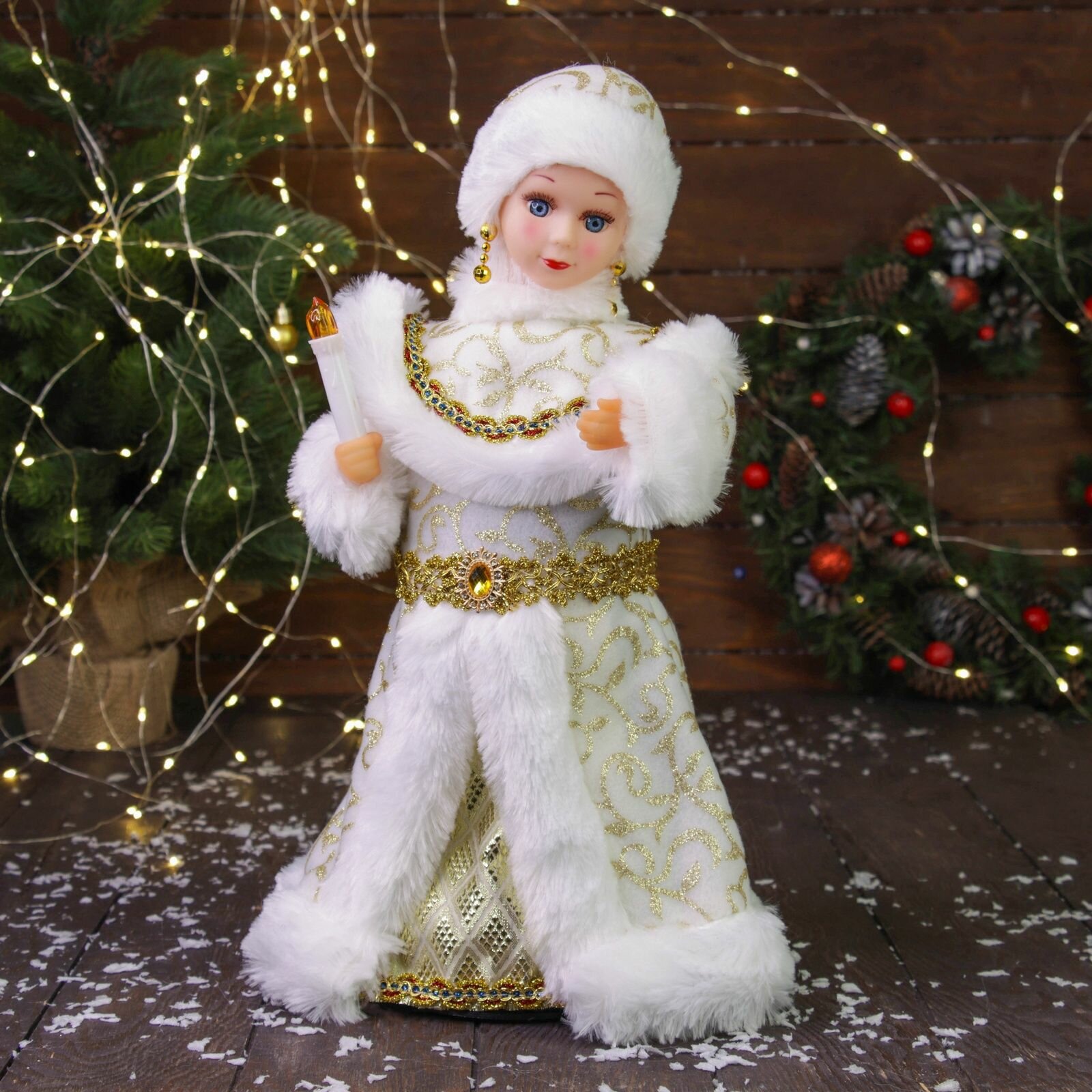 Снегурочка под ёлку 40 см "В шубке с орнаментом" двигается, с подсветкой