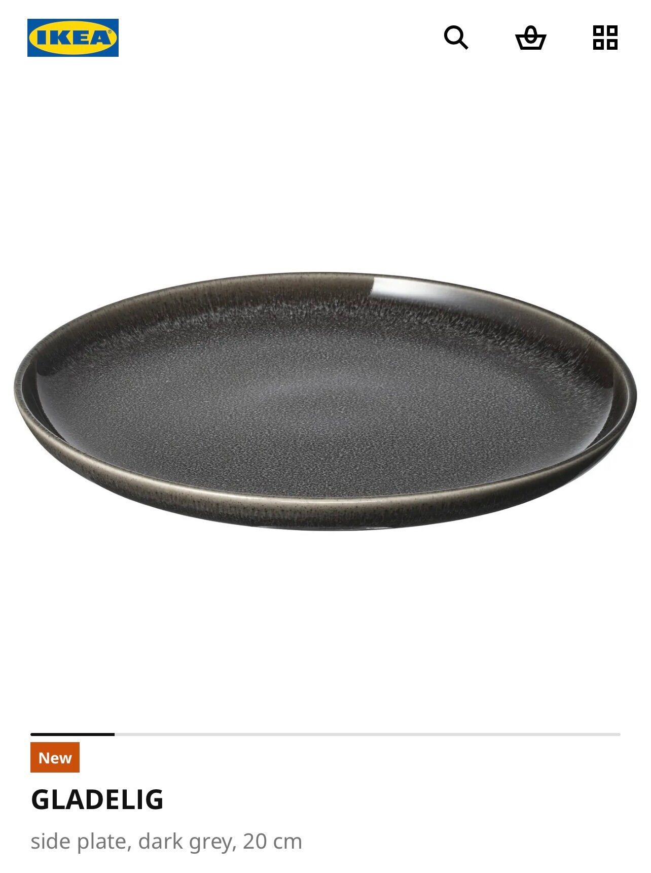 Тарелка GLADELIG IKEA, темно-серая, диаметр 20 см, высота 2 см, керамика