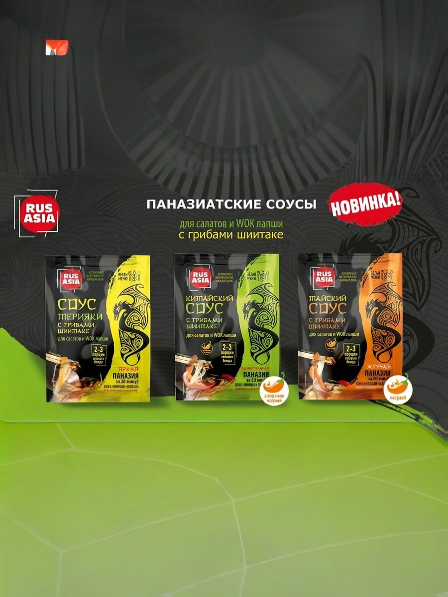 Соусы RUSASIA, Набор Микс 6 ШТ. (Терияки, Тайский, Китайский Пряный с грибами) по 60 г, Россия