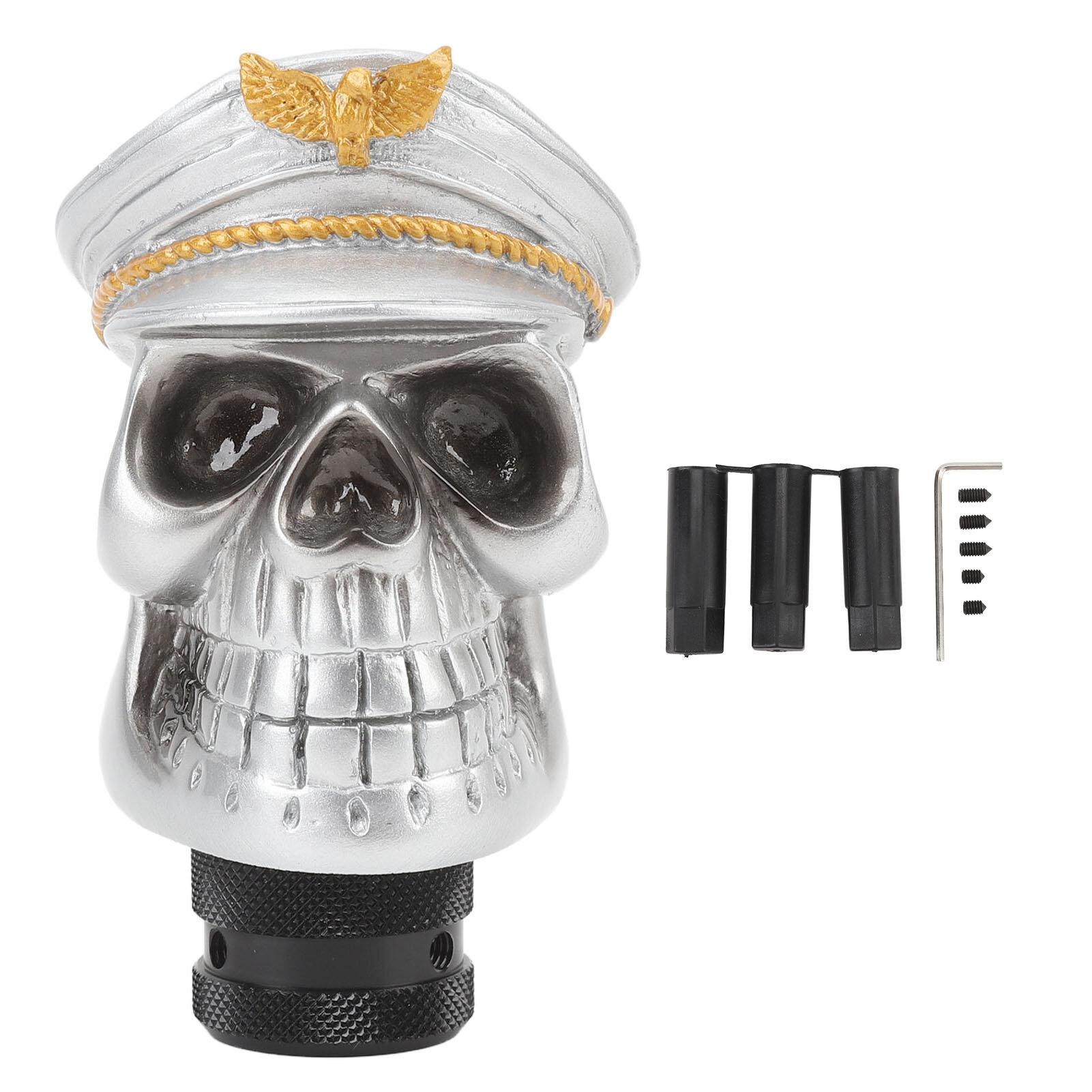 Рукоятка переключения передач в виде черепа с 3 адаптерами, изготовлена из смолы, обеспечивает надежный захват и улучшает управляемость. Универсальная посадка для большинства автомобилей с механической и автоматической коробкой передач. Серебристый цвет.