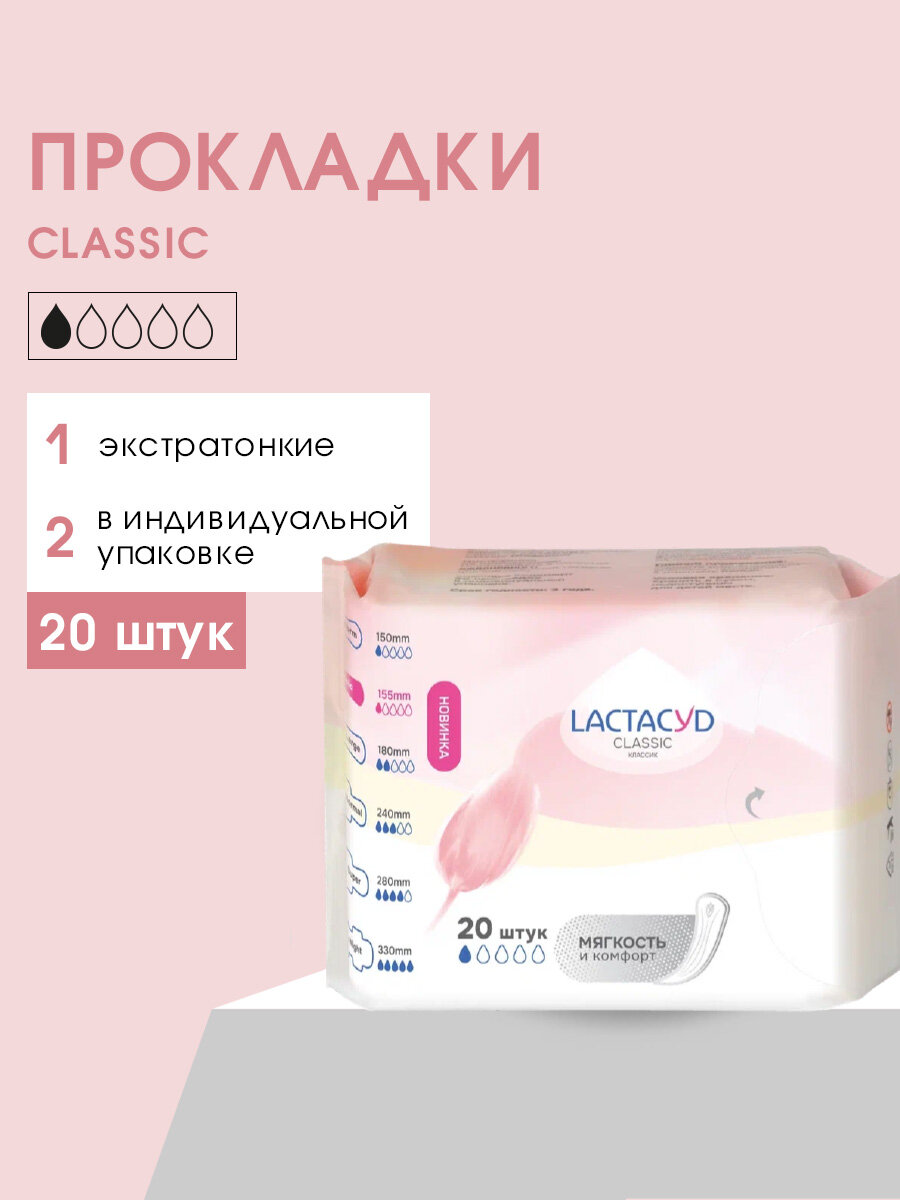 Ежедневные женские прокладки Lactacyd Классические, экстратонкие, 20 шт в упаковке