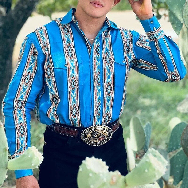 Вестерн ковбой тренд ретро молодежная мужская панк цифровая печать двойной карман мужская рубашка
